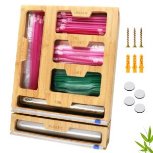 memrable [6 in 1] ziplock bag storage organizer, aluminum foil and plastic wrap dispenser with cutters, for sandwich, snack, gallon, and quart | bamboo kitchen organizer