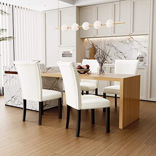 LEEMTORIG Parsons Chairs Faux Leather Dining Chairs Set of 2, Upholstered Mid Century Modern Kitchen Chairs with Nail-Head Trim, Ivory White CY-2258-WT