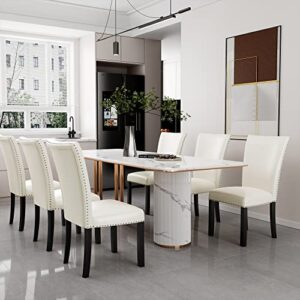 LEEMTORIG Parsons Chairs Faux Leather Dining Chairs Set of 2, Upholstered Mid Century Modern Kitchen Chairs with Nail-Head Trim, Ivory White CY-2258-WT