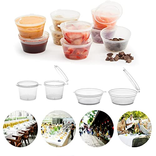 50Pcs 1.5oz / 40ml Plastic Condiment Souffle Containers - Leak Proof Portion Cup with Hinged Lid Perfect for takeaway deli condiments sauces dressings seasonings and other food storage - Flat