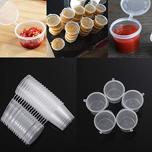 50Pcs 1.5oz / 40ml Plastic Condiment Souffle Containers - Leak Proof Portion Cup with Hinged Lid Perfect for takeaway deli condiments sauces dressings seasonings and other food storage - Flat