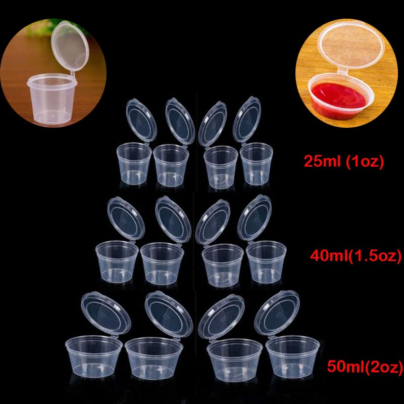 50Pcs 1.5oz / 40ml Plastic Condiment Souffle Containers - Leak Proof Portion Cup with Hinged Lid Perfect for takeaway deli condiments sauces dressings seasonings and other food storage - Flat