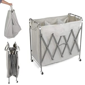 vilobos folding 3 sections laundry cart sorter, laundry hamper with heavy duty lockable wheels, laundry basket organizer rolling laundry basket, grey