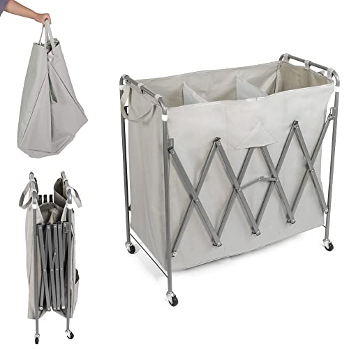 Vilobos Folding 3 Sections Laundry Cart Sorter, Laundry Hamper with Heavy Duty Lockable Wheels, Laundry Basket Organizer Rolling Laundry Basket, Grey