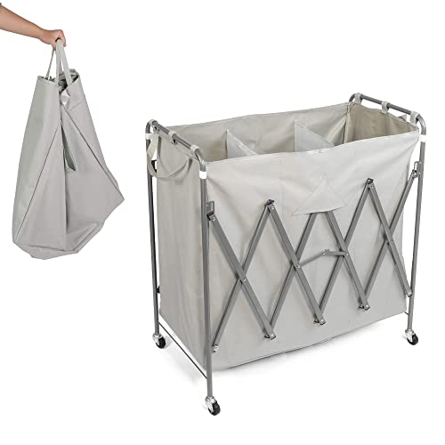 Vilobos Folding 3 Sections Laundry Cart Sorter, Laundry Hamper with Heavy Duty Lockable Wheels, Laundry Basket Organizer Rolling Laundry Basket, Grey