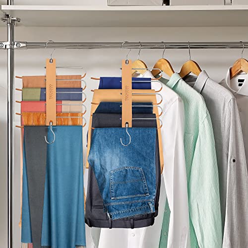 TECHZOO Pants Hangers 2 Pack, Space Saving Wood Closet Hangers - Perfect for Clothes Organization Like Jeans, Tie, Pants, Skirt & Scarf, Space Saver Closet Organizer - Natural Wood Hanger