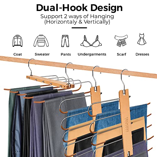 TECHZOO Pants Hangers 2 Pack, Space Saving Wood Closet Hangers - Perfect for Clothes Organization Like Jeans, Tie, Pants, Skirt & Scarf, Space Saver Closet Organizer - Natural Wood Hanger