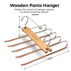 TECHZOO Pants Hangers 2 Pack, Space Saving Wood Closet Hangers - Perfect for Clothes Organization Like Jeans, Tie, Pants, Skirt & Scarf, Space Saver Closet Organizer - Natural Wood Hanger