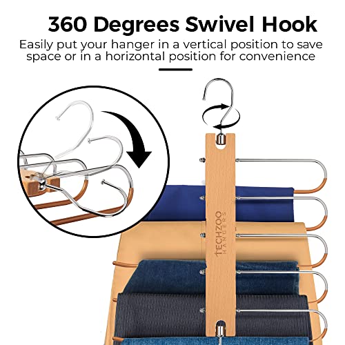 TECHZOO Pants Hangers 2 Pack, Space Saving Wood Closet Hangers - Perfect for Clothes Organization Like Jeans, Tie, Pants, Skirt & Scarf, Space Saver Closet Organizer - Natural Wood Hanger