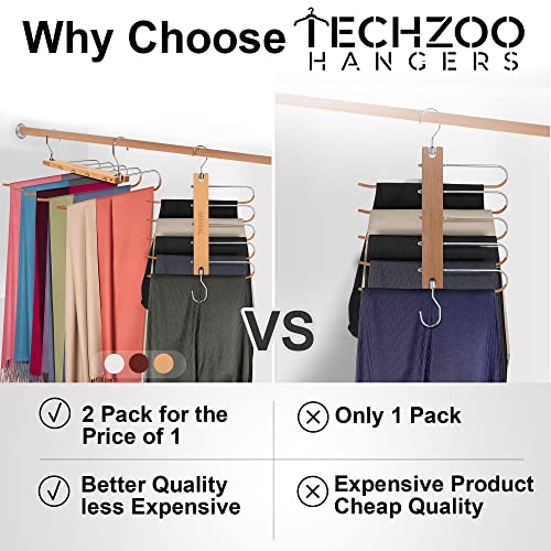 TECHZOO Pants Hangers 2 Pack, Space Saving Wood Closet Hangers - Perfect for Clothes Organization Like Jeans, Tie, Pants, Skirt & Scarf, Space Saver Closet Organizer - Natural Wood Hanger