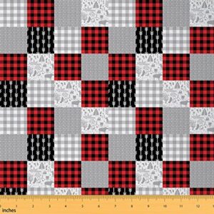 buffalo plaid fabric by the yard, woodland theme upholstery fabric, deer fox rabbit wildlife farm animal zoo decorative fabric, camping geometric arrow stripes fabric, red black grey, 1 yard