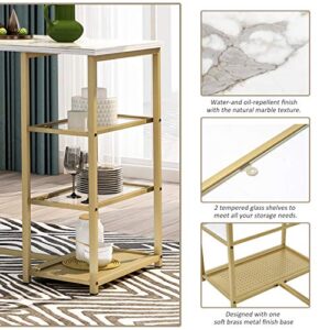 Tiokop Table & Chair 3-Piece Modern Faux Marble Countertop/Bar Stools/Storage Shelves, Breakfast Chair Home Kitchen Pub, Living Room Furniture (White/Gold), Dining Table Set