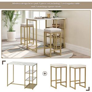 Tiokop Table & Chair 3-Piece Modern Faux Marble Countertop/Bar Stools/Storage Shelves, Breakfast Chair Home Kitchen Pub, Living Room Furniture (White/Gold), Dining Table Set