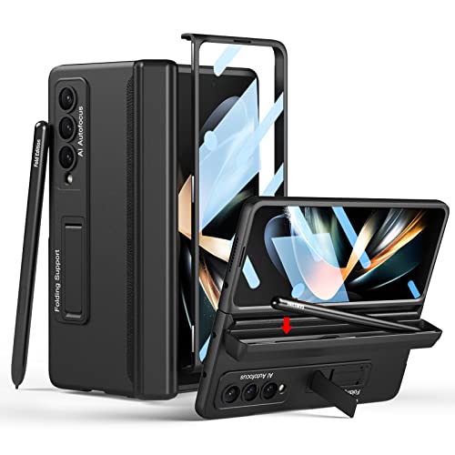 Libeagle Compatible with Samsung Galaxy Z Fold 4 Case, Built in Hidden S Pen Holder to Avoid Pen Lost, Screen Protector, Hinge Protection, Adjustable Stand, Wireless Charging Cover 5G 2022-Black