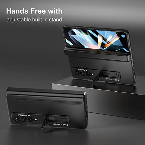 Libeagle Compatible with Samsung Galaxy Z Fold 4 Case, Built in Hidden S Pen Holder to Avoid Pen Lost, Screen Protector, Hinge Protection, Adjustable Stand, Wireless Charging Cover 5G 2022-Black