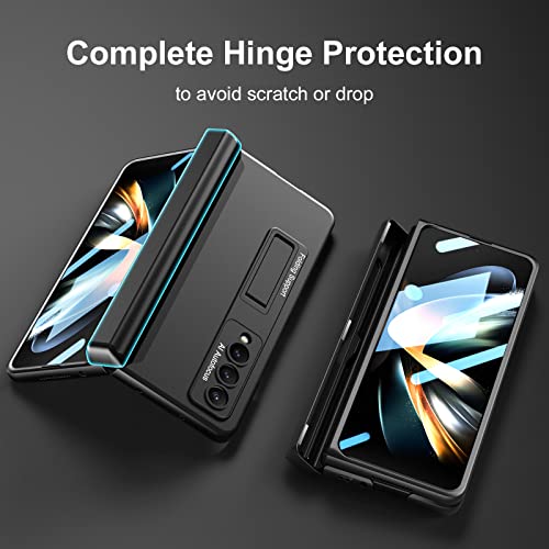 Libeagle Compatible with Samsung Galaxy Z Fold 4 Case, Built in Hidden S Pen Holder to Avoid Pen Lost, Screen Protector, Hinge Protection, Adjustable Stand, Wireless Charging Cover 5G 2022-Black