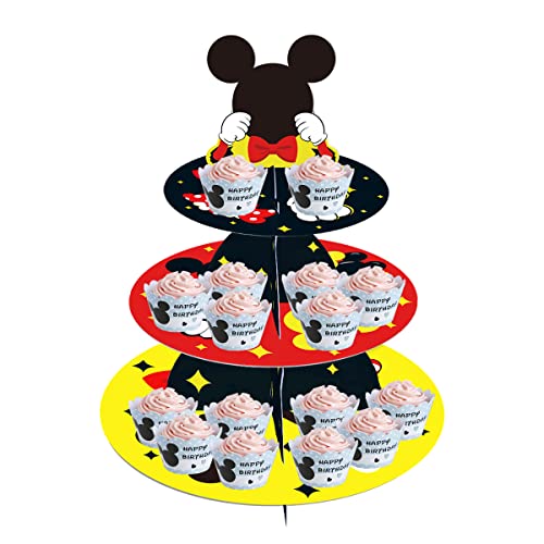 Large 3-Tier Mickey Minnie Cupcake Stand 12Inch Cardboard Cupcake Tray for Wedding Birthday Baby Shower Mickey Minnie Birthday Party Supplies