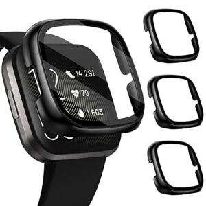 [3 pack] ivoler screen protector tempered glass for fitbit versa 2, hard pc case with bumper cover sensitive touch full coverage protective case for versa 2 smart watch, black