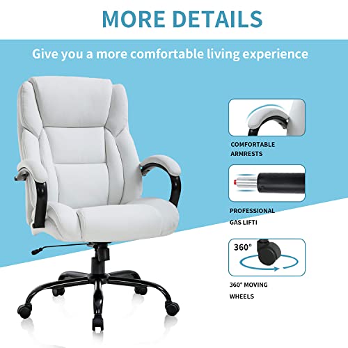 LCH Big & Tall Office Chair 500lbs PU Leather Ergonomic Computer Chair, Home Desk Chair Wide Seat Executive Chair with Massage Lumbar Support & Soft Arms for Heavy People (White)