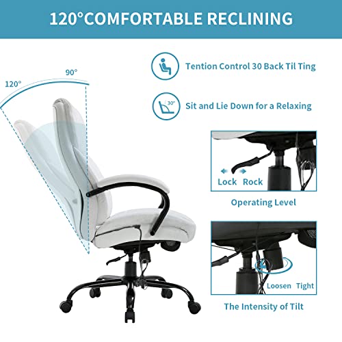 LCH Big & Tall Office Chair 500lbs PU Leather Ergonomic Computer Chair, Home Desk Chair Wide Seat Executive Chair with Massage Lumbar Support & Soft Arms for Heavy People (White)