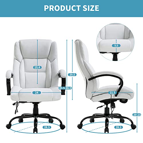 LCH Big & Tall Office Chair 500lbs PU Leather Ergonomic Computer Chair, Home Desk Chair Wide Seat Executive Chair with Massage Lumbar Support & Soft Arms for Heavy People (White)