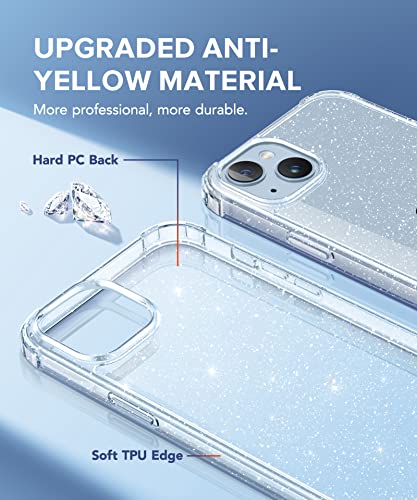 BERFY for iPhone 14 Case Glitter, with 2X Screen Protector + 2X Camera Lens Protector, [Not Yellowing] Sparkly Crystal Shockproof Hard Back Slim Protective Phone Cover for Women, 6.1" (Glitter Clear)