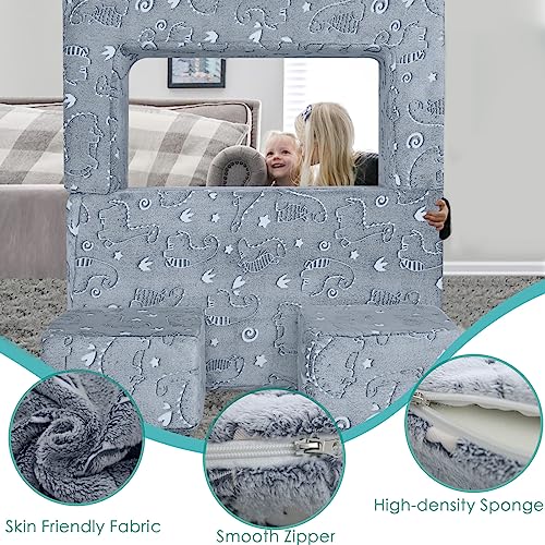 MeMoreCool Kids, Toddler Couch, Glow in The Dark Dinosaur Fold Out Baby Couch, Grey Kids Sofa Play Couch for Playroom, Modular Kid Furniture for Bedroom