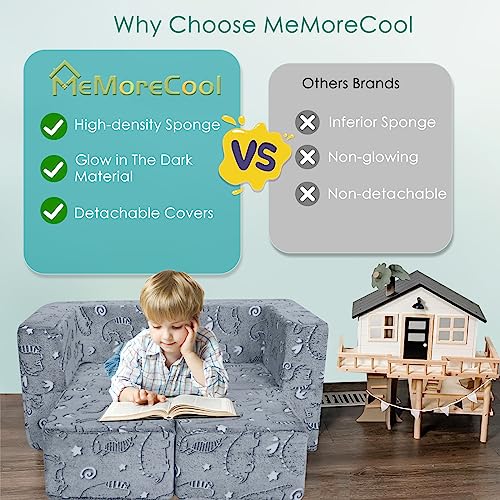 MeMoreCool Kids, Toddler Couch, Glow in The Dark Dinosaur Fold Out Baby Couch, Grey Kids Sofa Play Couch for Playroom, Modular Kid Furniture for Bedroom