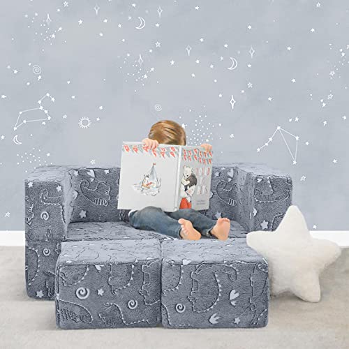 MeMoreCool Kids, Toddler Couch, Glow in The Dark Dinosaur Fold Out Baby Couch, Grey Kids Sofa Play Couch for Playroom, Modular Kid Furniture for Bedroom