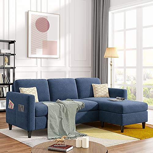 EMKK Reversible Sectional Sofa Couch, Modern Apartment L-Shaped Modular Sofá with Storage Handy Side Pocket,3-Seater Fabric for Small Space Living Room, Blue Linen