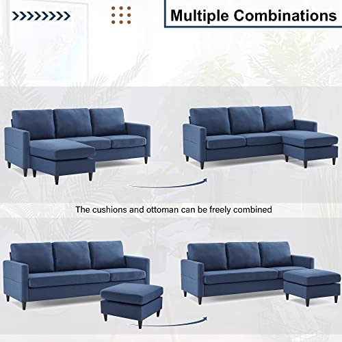 EMKK Reversible Sectional Sofa Couch, Modern Apartment L-Shaped Modular Sofá with Storage Handy Side Pocket,3-Seater Fabric for Small Space Living Room, Blue Linen