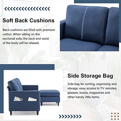 EMKK Reversible Sectional Sofa Couch, Modern Apartment L-Shaped Modular Sofá with Storage Handy Side Pocket,3-Seater Fabric for Small Space Living Room, Blue Linen