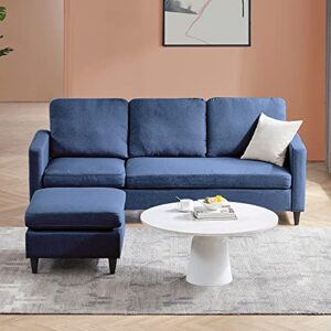 EMKK Reversible Sectional Sofa Couch, Modern Apartment L-Shaped Modular Sofá with Storage Handy Side Pocket,3-Seater Fabric for Small Space Living Room, Blue Linen