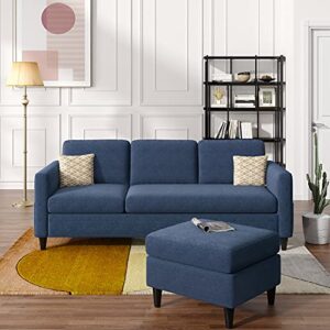 EMKK Reversible Sectional Sofa Couch, Modern Apartment L-Shaped Modular Sofá with Storage Handy Side Pocket,3-Seater Fabric for Small Space Living Room, Blue Linen