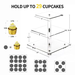 LED Acrylic Cupcake Stand Rechargeable 3 Tier Stand Square Clear Cupcake Tower Display Stands for Halloween, Christmas,Wedding, Party, Baby Shower, and Get-Together (2.38)