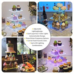 LED Acrylic Cupcake Stand Rechargeable 3 Tier Stand Square Clear Cupcake Tower Display Stands for Halloween, Christmas,Wedding, Party, Baby Shower, and Get-Together (2.38)