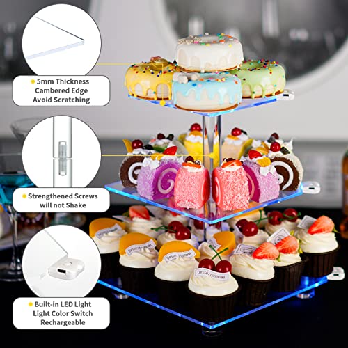 LED Acrylic Cupcake Stand Rechargeable 3 Tier Stand Square Clear Cupcake Tower Display Stands for Halloween, Christmas,Wedding, Party, Baby Shower, and Get-Together (2.38)