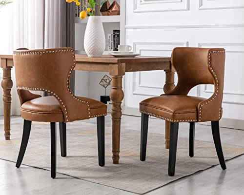 CIMOTA Mid Century Modern Dining Chairs Set of 2, Faux Leather Dining Room Chairs Upholstered Armless Side Chairs with Open Back/Nailhead Trim for Kitchen/Dining Room/Living Room, PU Brown/2PCS