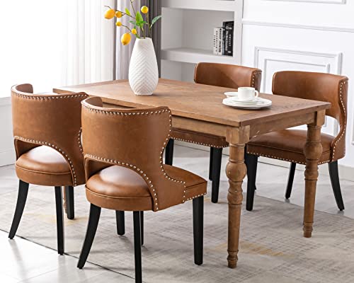 CIMOTA Mid Century Modern Dining Chairs Set of 2, Faux Leather Dining Room Chairs Upholstered Armless Side Chairs with Open Back/Nailhead Trim for Kitchen/Dining Room/Living Room, PU Brown/2PCS