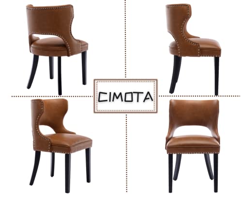 CIMOTA Mid Century Modern Dining Chairs Set of 2, Faux Leather Dining Room Chairs Upholstered Armless Side Chairs with Open Back/Nailhead Trim for Kitchen/Dining Room/Living Room, PU Brown/2PCS