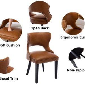 CIMOTA Mid Century Modern Dining Chairs Set of 2, Faux Leather Dining Room Chairs Upholstered Armless Side Chairs with Open Back/Nailhead Trim for Kitchen/Dining Room/Living Room, PU Brown/2PCS