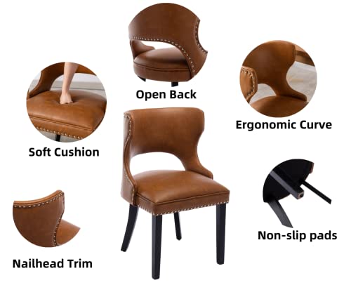 CIMOTA Mid Century Modern Dining Chairs Set of 2, Faux Leather Dining Room Chairs Upholstered Armless Side Chairs with Open Back/Nailhead Trim for Kitchen/Dining Room/Living Room, PU Brown/2PCS