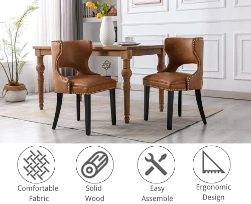 CIMOTA Mid Century Modern Dining Chairs Set of 2, Faux Leather Dining Room Chairs Upholstered Armless Side Chairs with Open Back/Nailhead Trim for Kitchen/Dining Room/Living Room, PU Brown/2PCS