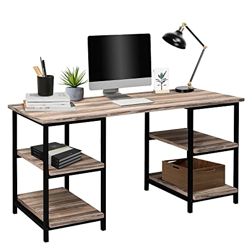 GOOD & GRACIOUS Computer Desk, Home Office Desk with 4 Storage Shelves on Left & Right Modern Simple Style 59" Long Large Study Table, Rustic Wood Desk