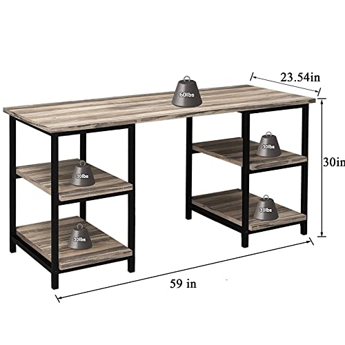 GOOD & GRACIOUS Computer Desk, Home Office Desk with 4 Storage Shelves on Left & Right Modern Simple Style 59" Long Large Study Table, Rustic Wood Desk