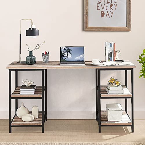 GOOD & GRACIOUS Computer Desk, Home Office Desk with 4 Storage Shelves on Left & Right Modern Simple Style 59" Long Large Study Table, Rustic Wood Desk