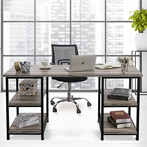 GOOD & GRACIOUS Computer Desk, Home Office Desk with 4 Storage Shelves on Left & Right Modern Simple Style 59" Long Large Study Table, Rustic Wood Desk