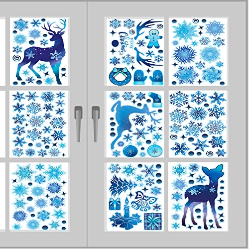 UOMNICUE 9 Sheets Christmas Window Cling Sticker, 213pcs Double Sided Blue Christmas Tree Reindeer Snowflake Window Decal Stickers for Glass Window Home Xmas Party Decorations Supplies