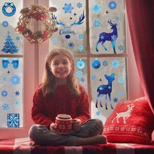 UOMNICUE 9 Sheets Christmas Window Cling Sticker, 213pcs Double Sided Blue Christmas Tree Reindeer Snowflake Window Decal Stickers for Glass Window Home Xmas Party Decorations Supplies