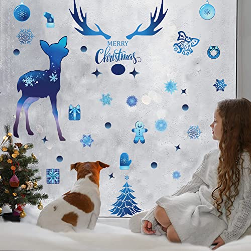 UOMNICUE 9 Sheets Christmas Window Cling Sticker, 213pcs Double Sided Blue Christmas Tree Reindeer Snowflake Window Decal Stickers for Glass Window Home Xmas Party Decorations Supplies